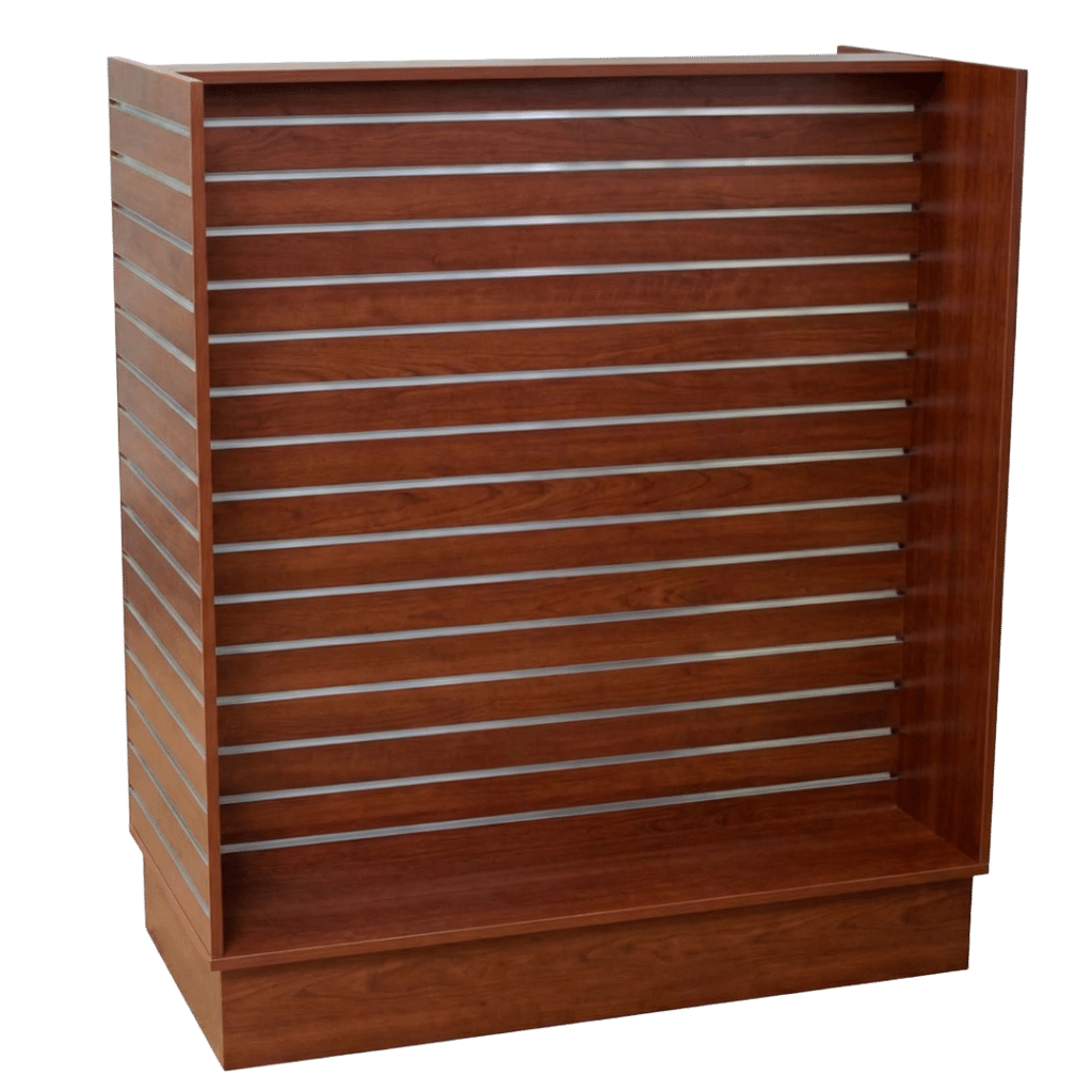 Slatwall Gondola Shelving with Aluminum Inserts | Cherry