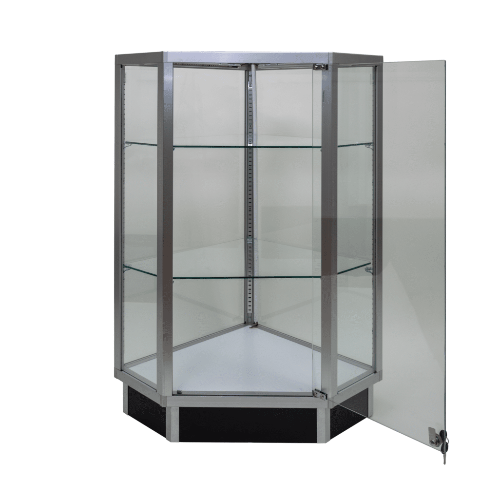 Silver Corner Glass Display Case | Glass Corner Display Case