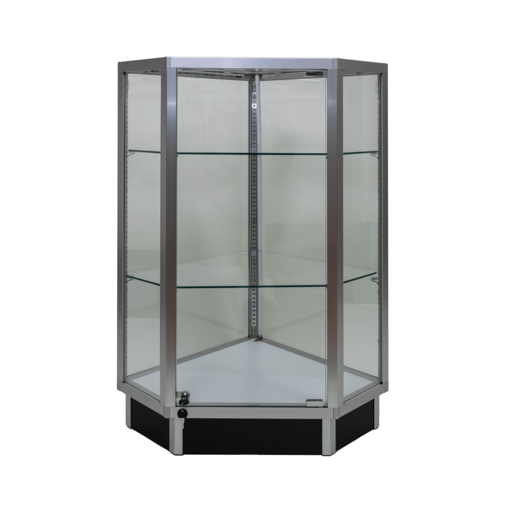 Silver Corner Glass Display Case | Glass Corner Display Case