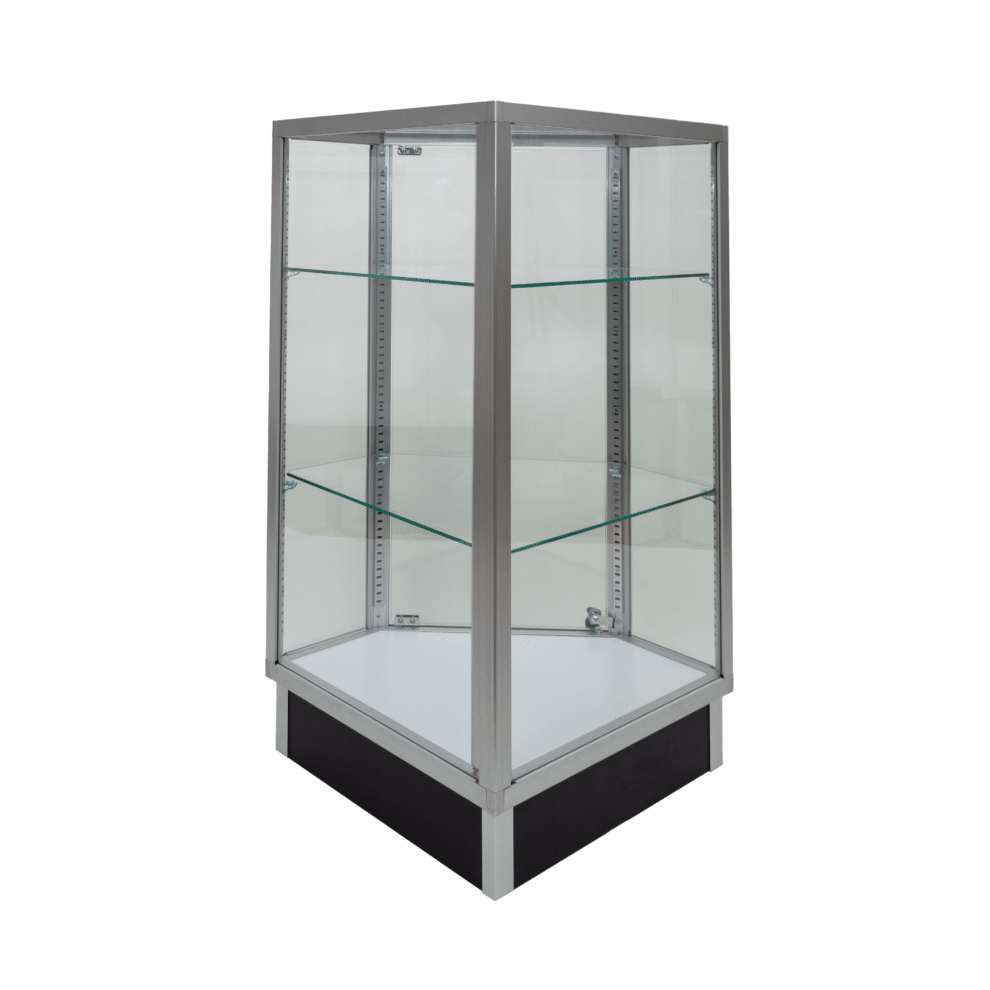 Silver Corner Glass Display Case | Glass Corner Display Case