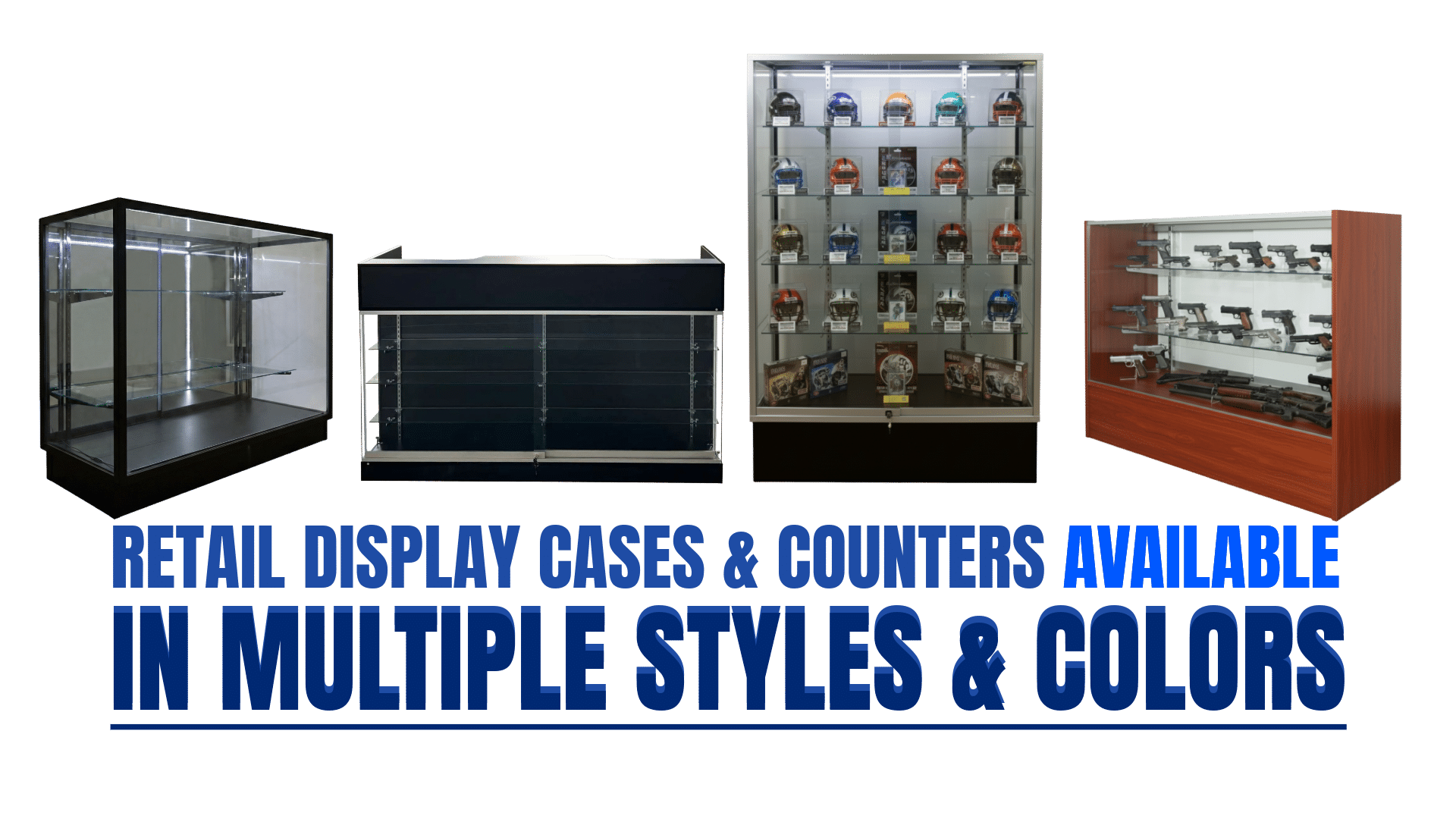 Glass Display Cases - Black, White, Maple, Cherry with LED Lights