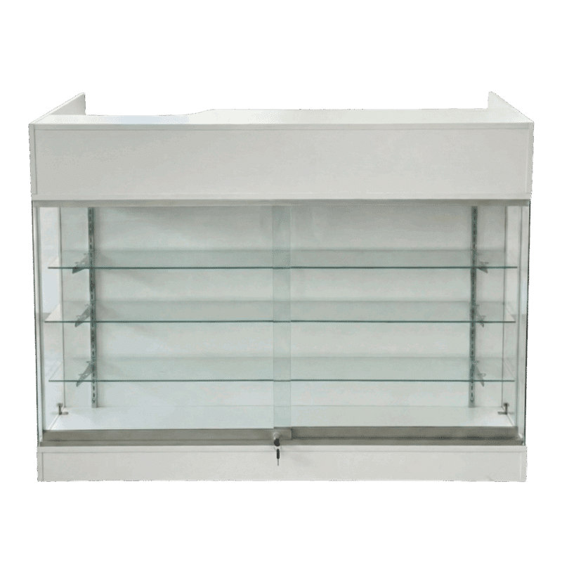 White Checkout Counter with Display Case Front | Cash Wrap