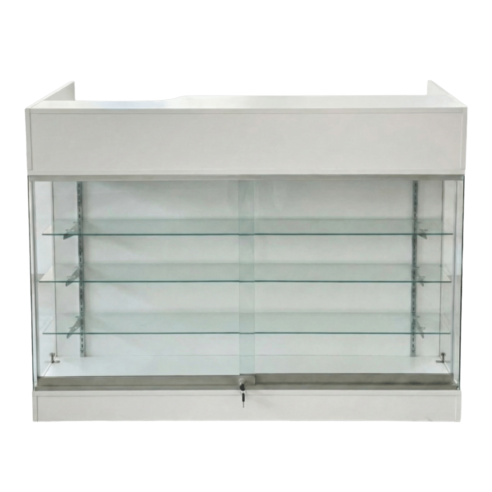 White Checkout Counter with Display Case Front | Cash Wrap